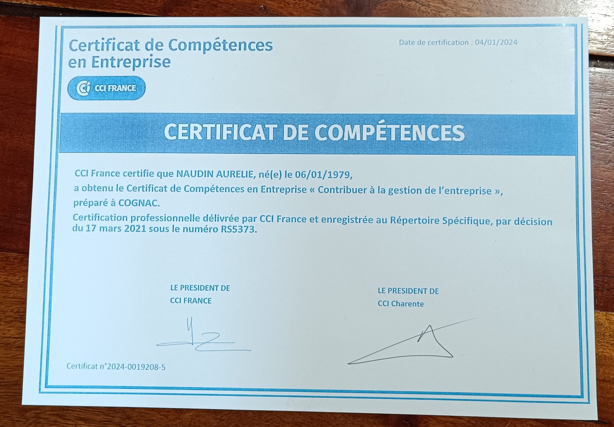 certificat compétences gestion entreprise - Aurélie Naudin
